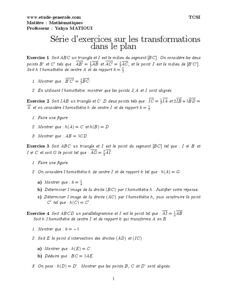 Serie Dexercices Sur Les Transformations Dans Le Plan | PDF | Objets ...