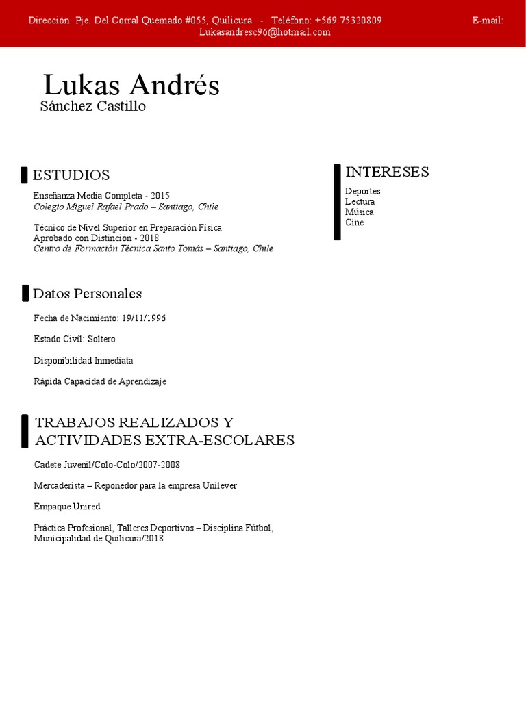 Curriculum - Lukas Sánchez Castillo - Preparador Físico | PDF