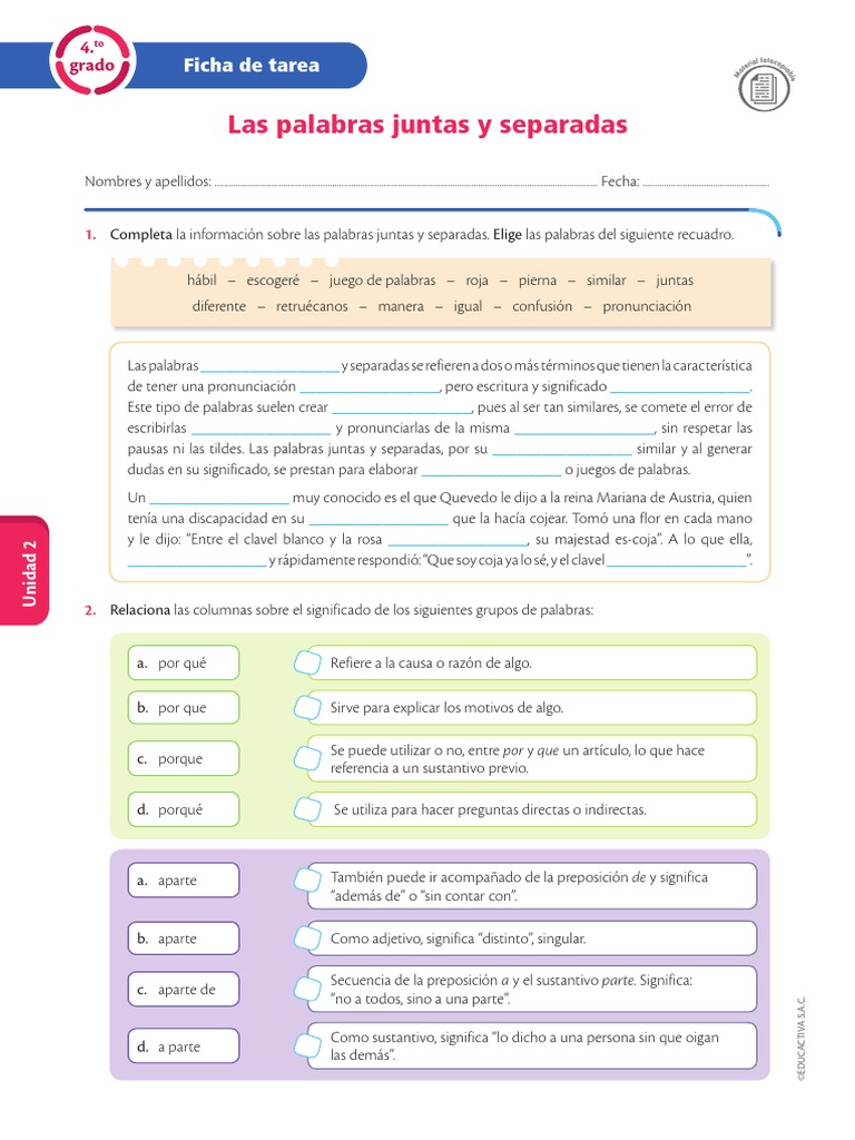 Las Palabras Juntas y Separadas: Ficha de Tarea | PDF