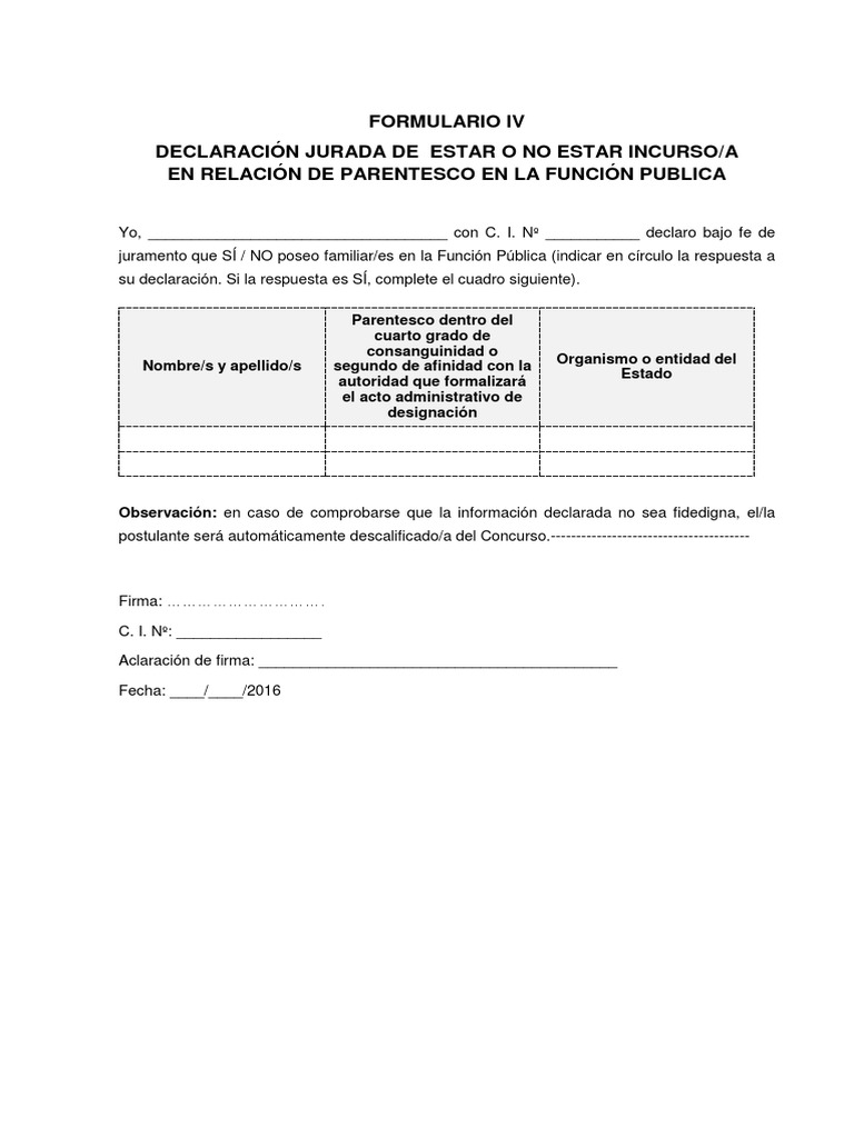 Formulario IV Declaracion de Parentesco 1471620773850 | PDF