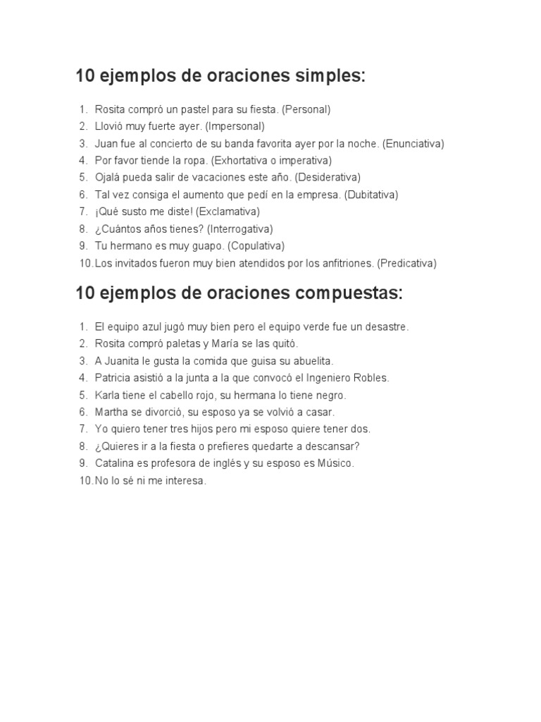 10 Ejemplos de Oraciones Simples | PDF