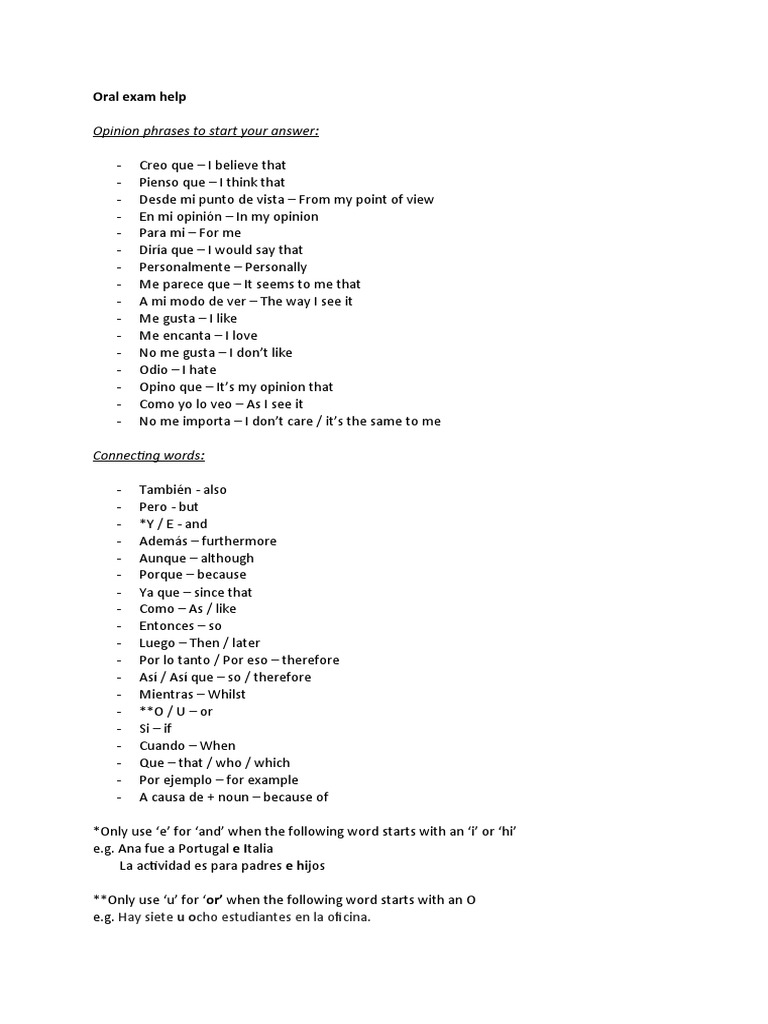 GCSE Spanish Oral Exam Help | PDF | Question | Cognition