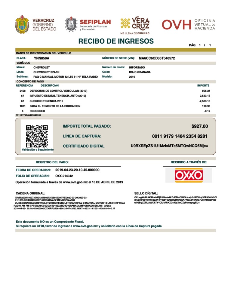Recibo de ingresos por pago de tenencia vehicular y derechos de control ...