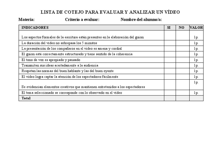 Lista de Cotejo para Evaluar y Analizar Un Vídeo | PDF