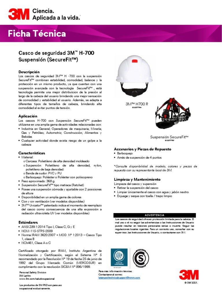 Ficha Técnica: Casco de Seguridad 3M H-700 Suspensión (Securefit™) | Descargar gratis PDF | Casco
