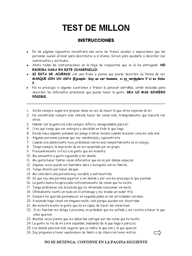 Test de Millon: Evaluación de Personalidad | PDF