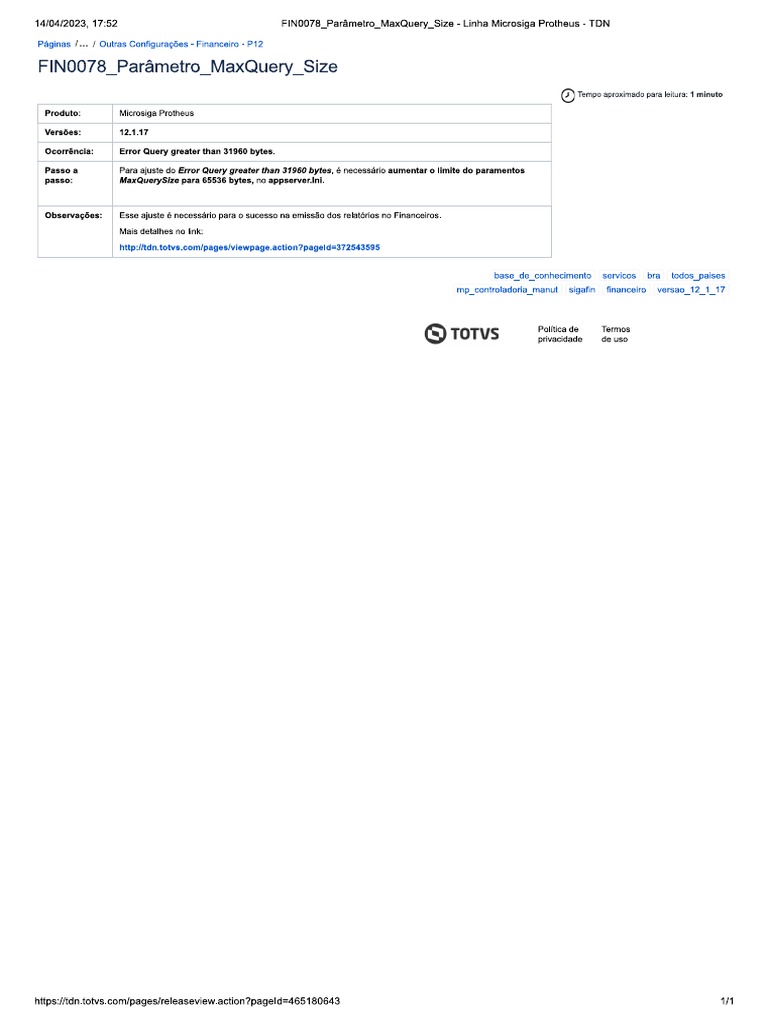 FIN0078 Parâmetro MaxQuery Size | PDF