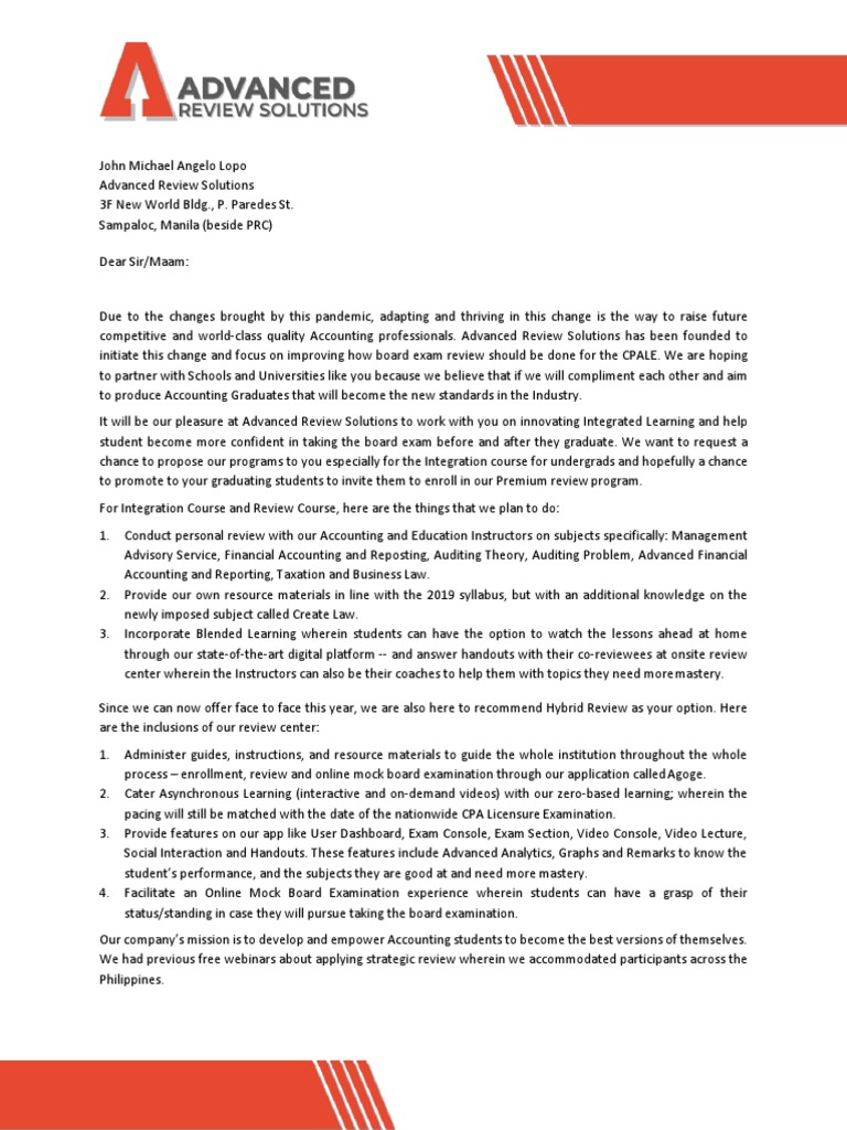 Advanced Review Solutions Letter of Intent Jman Lopo | PDF | Accounting