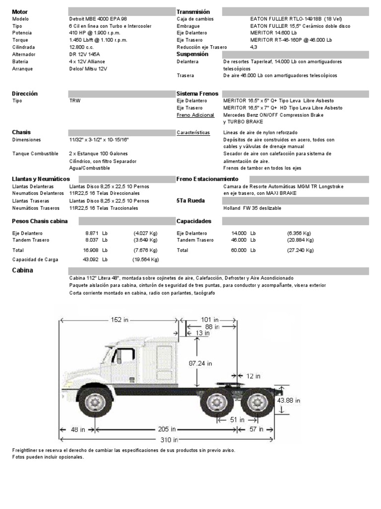 Ficha Técnica Freightliner CL 112 6x4 | PDF | Eje | Neumático