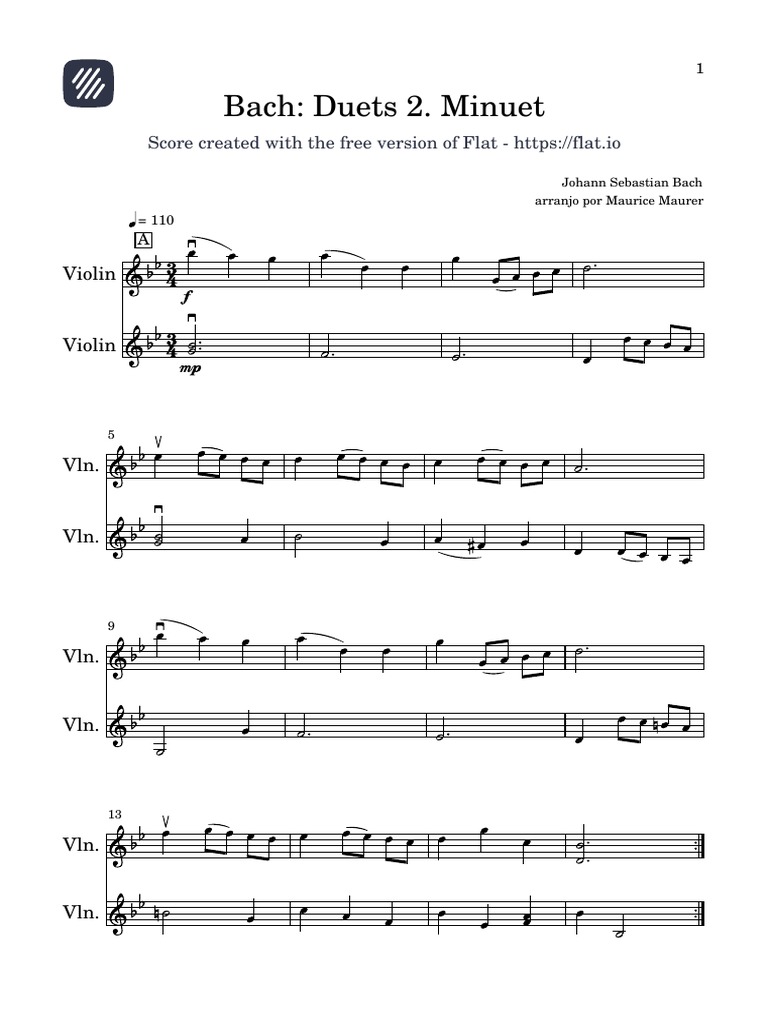 Bach: Duets 2. Minuet: Score Created With The Free Version of Flat - Https://flat - Io | PDF