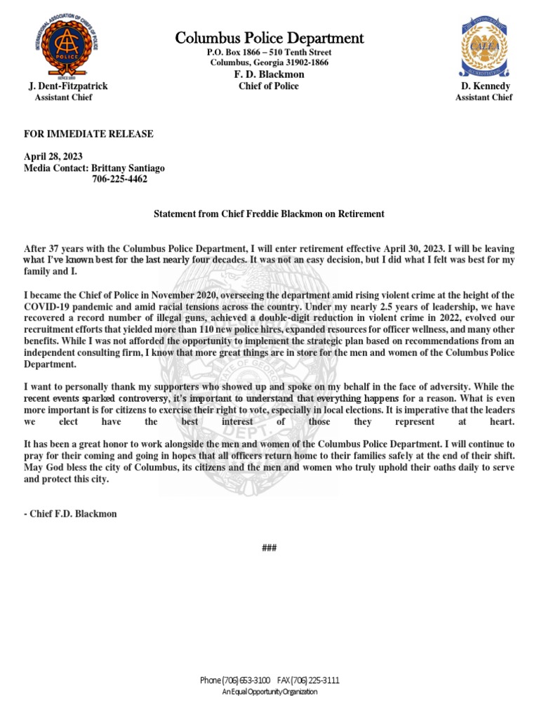 Statement From Columbus Police Chief Freddie Blackmon | PDF | Politics