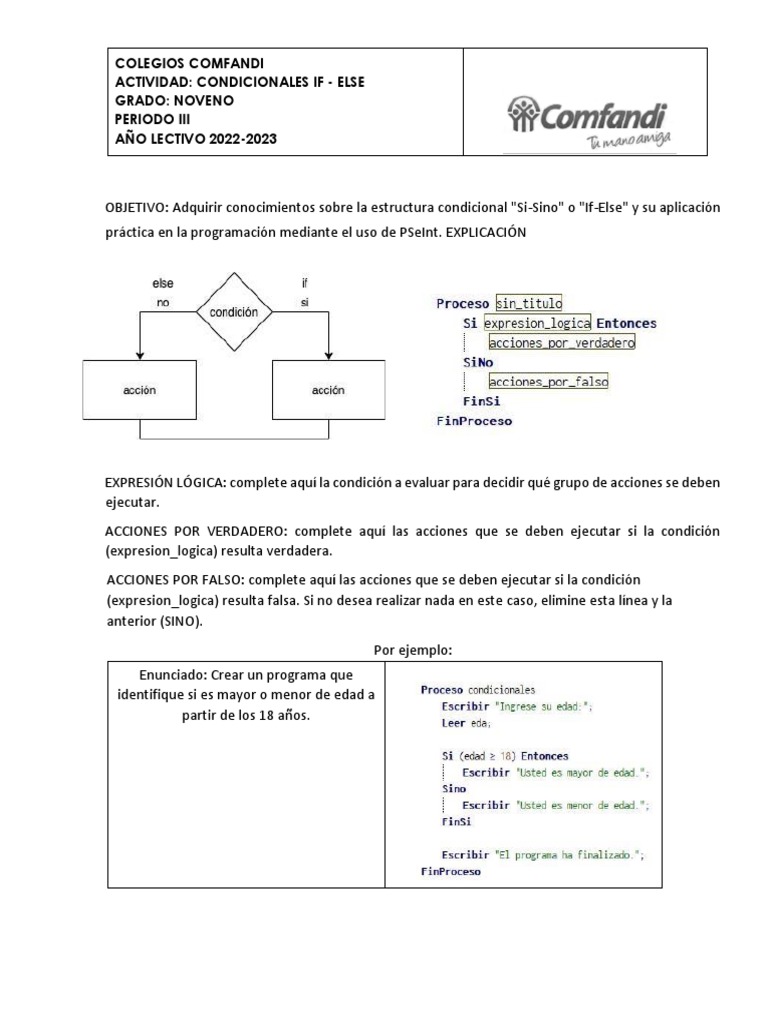 Colegios Comfandi Actividad: Condicionales If - Else Grado: Noveno ...
