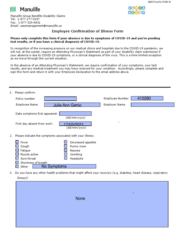 Employee Illness Confirmation Form | PDF | Clinical Medicine | Causes ...