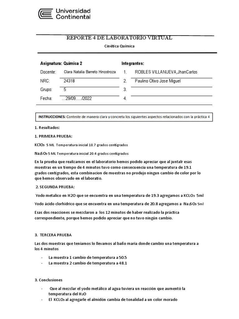 Reporte 4 Cinética Química | PDF