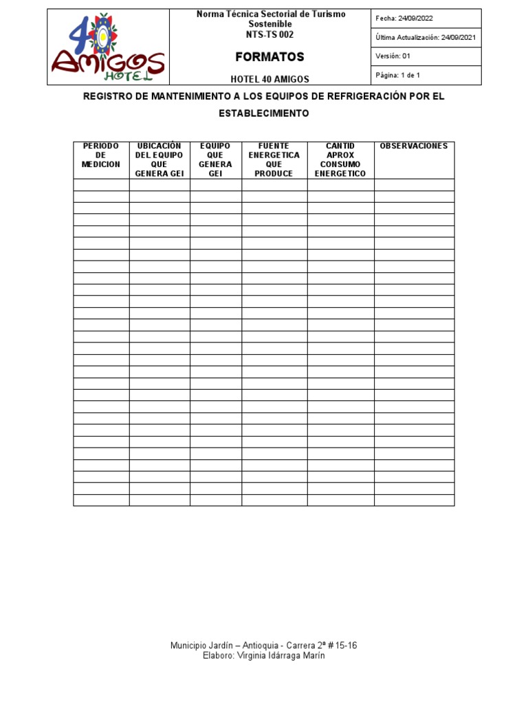 Formatos: Registro de Mantenimiento A Los Equipos de Refrigeración Por El Establecimiento | PDF