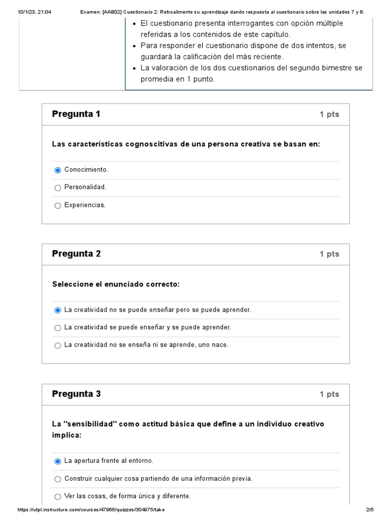 Examen - (AAB02) Cuestionario 2 - Retroalimente Su Aprendizaje Dando Respuesta Al Cuestionario ...