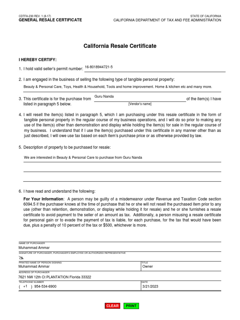 California General Resale Certificate Form | PDF