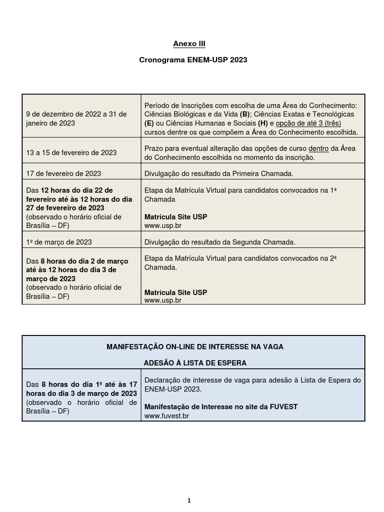 ANEXO III - Cronograma - ENEM USP 2023 | PDF