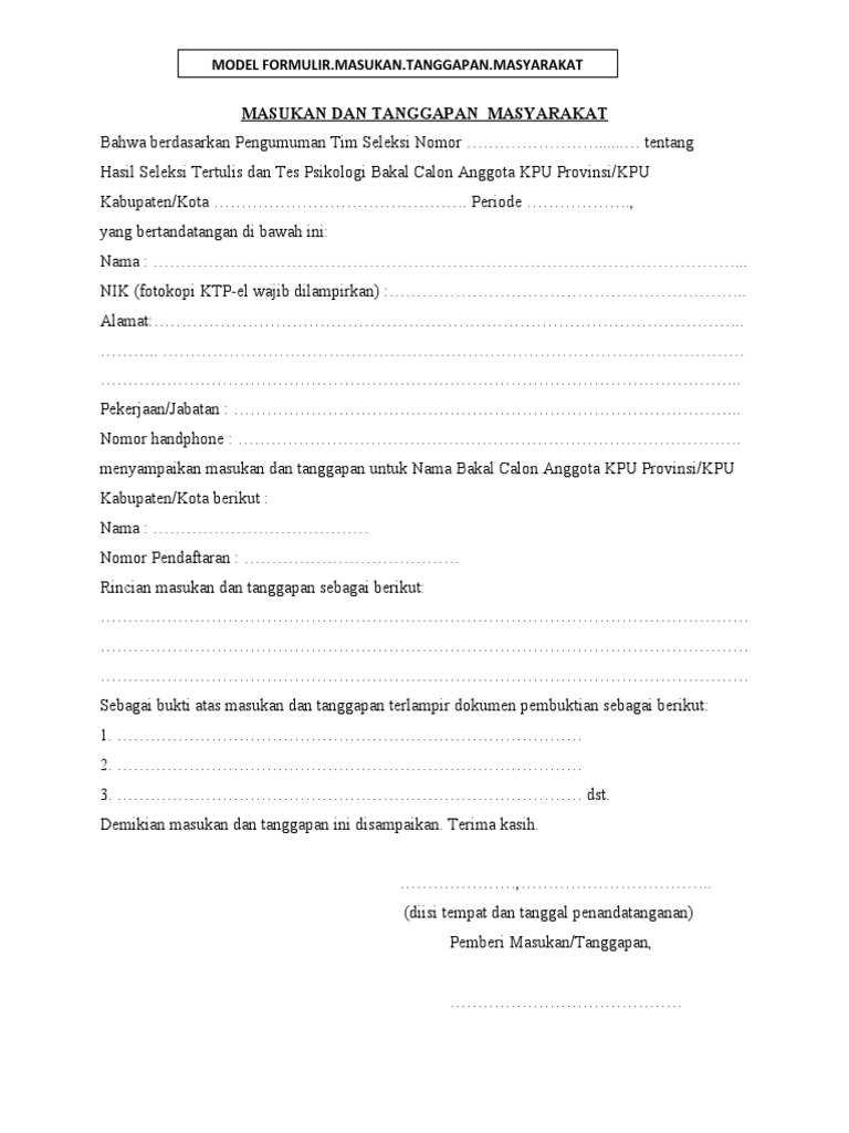 MODEL FORMULIR MASUKAN DAN TANGGAPAN MASYARAKAT | PDF