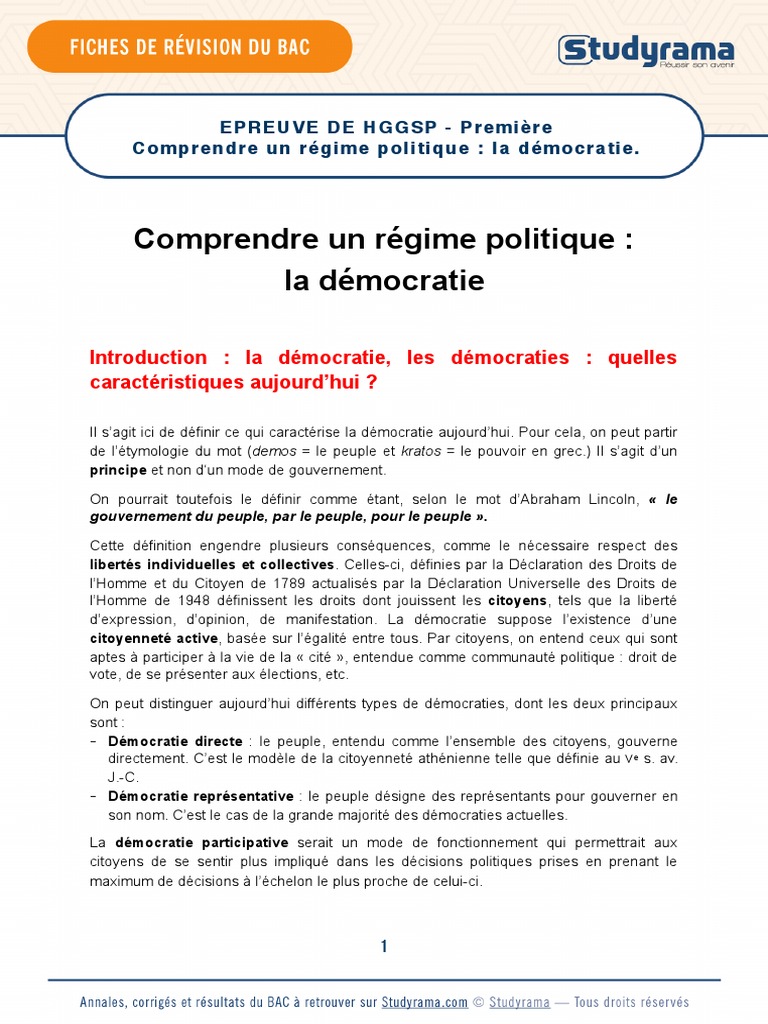 Fiche de Revision HGGS 2021 Comprendre Un Regime Politique La ...