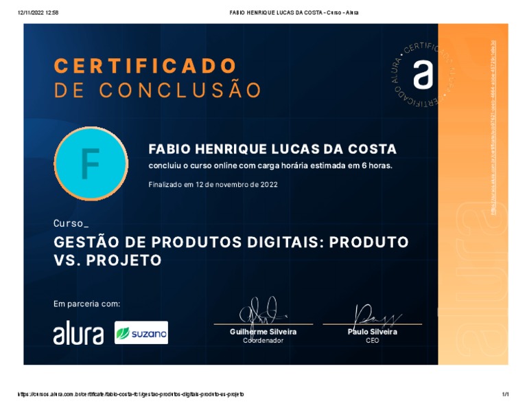 CERTIFICADO 4 - FABIO HENRIQUE LUCAS DA COSTA - Curso - Alura | PDF