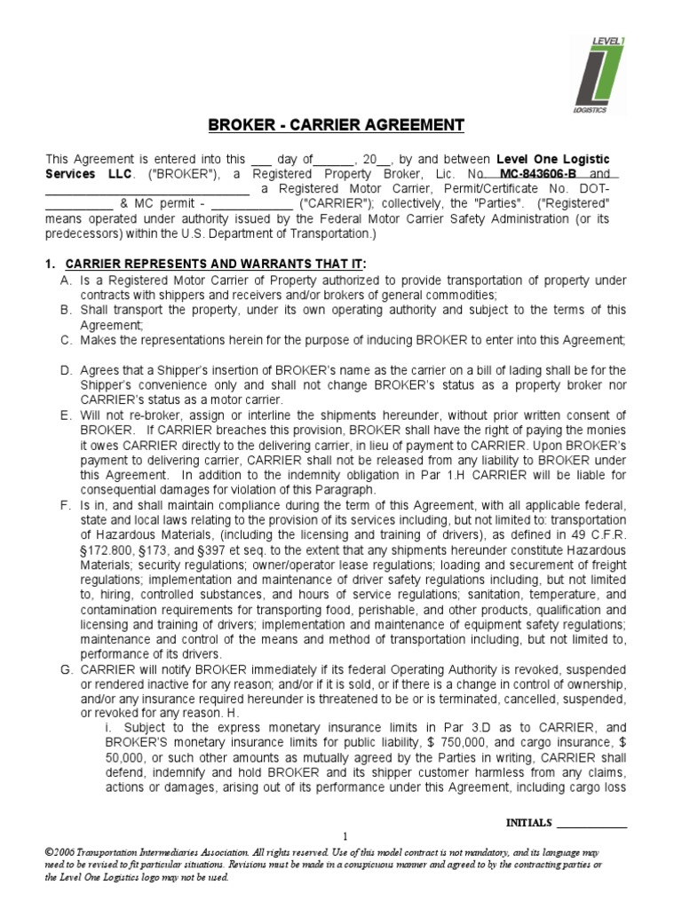 Broker Carrier Agreement L1 | PDF | Cargo | Insurance