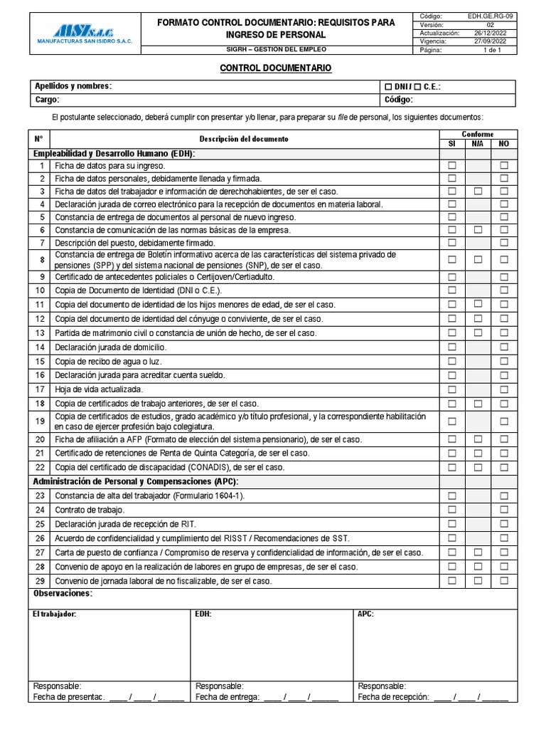 Formato Control Documentario Requisitos para Ingreso de Personal | PDF