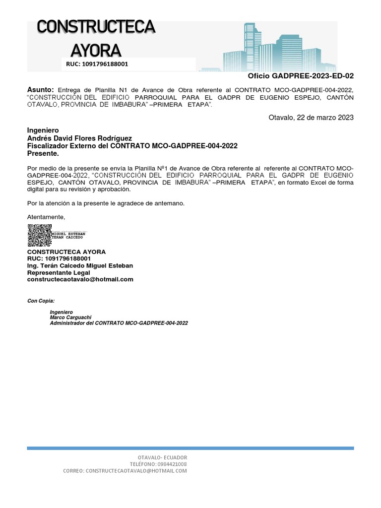 Oficio GADPREE-2023-ED-02 - Entrega Planilla N1 Avance de Obra-Signed | PDF