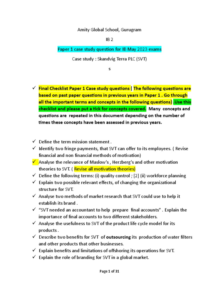 Final Checklist Paper 1 Case Study Questions (Skandvig Terra PLC SVT) | PDF