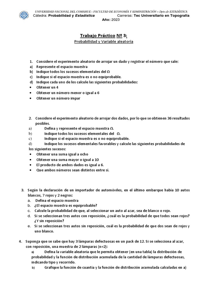 TP 3 2023 Aleatoria y Prob | PDF | Probabilidad | Variable aleatoria