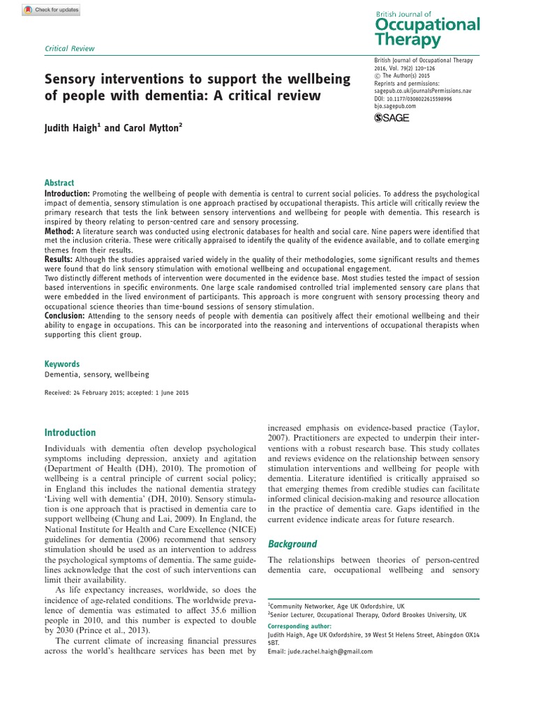 Sensory Interventions To Support The Wellbeing | PDF | Dementia ...