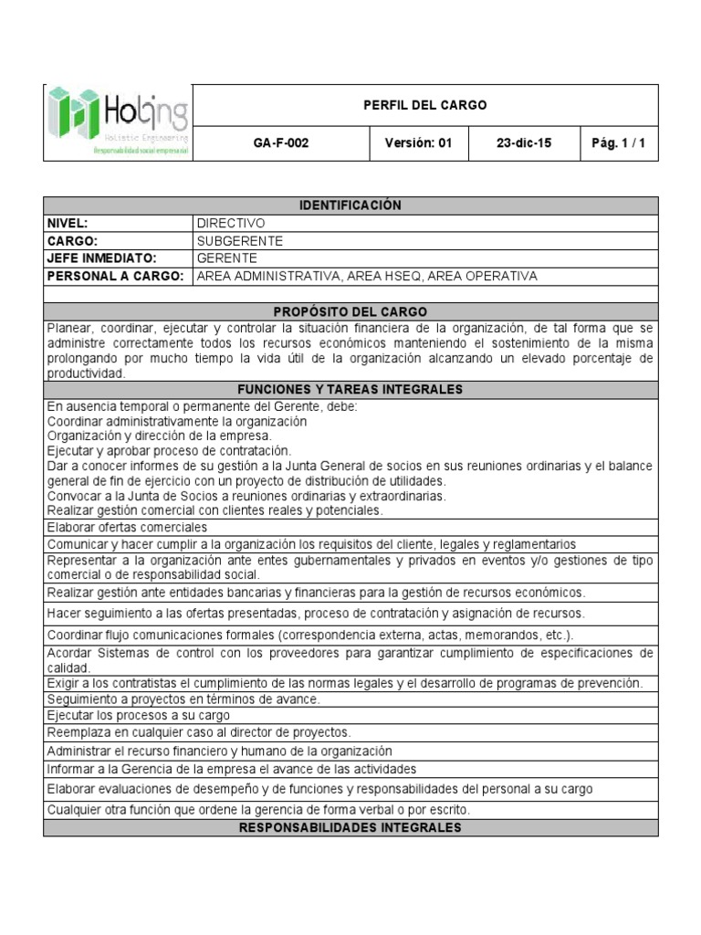 Perfil del cargo de Subgerente | PDF | Business | Economias