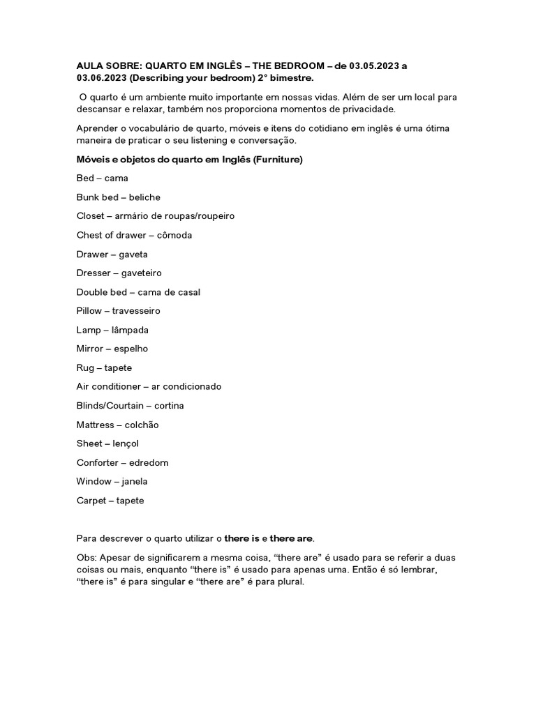 Aula Sobre o Quarto em Inglês - 7° Ano | PDF