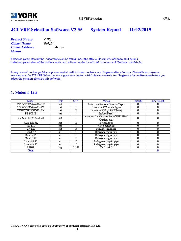 JCI VRF Selection Software V2.55 System Report 11/02/2019 | Download ...
