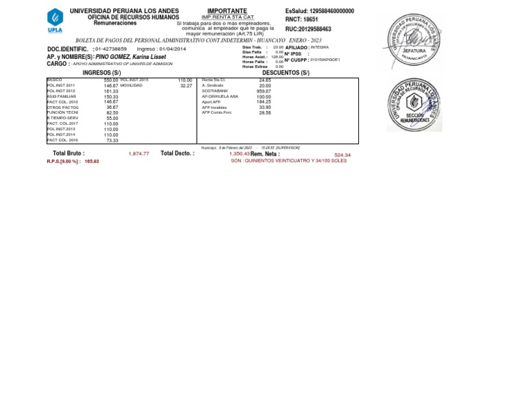 Boleta de Pagos Del Personal Administrativo Cont - Indetermin | PDF ...