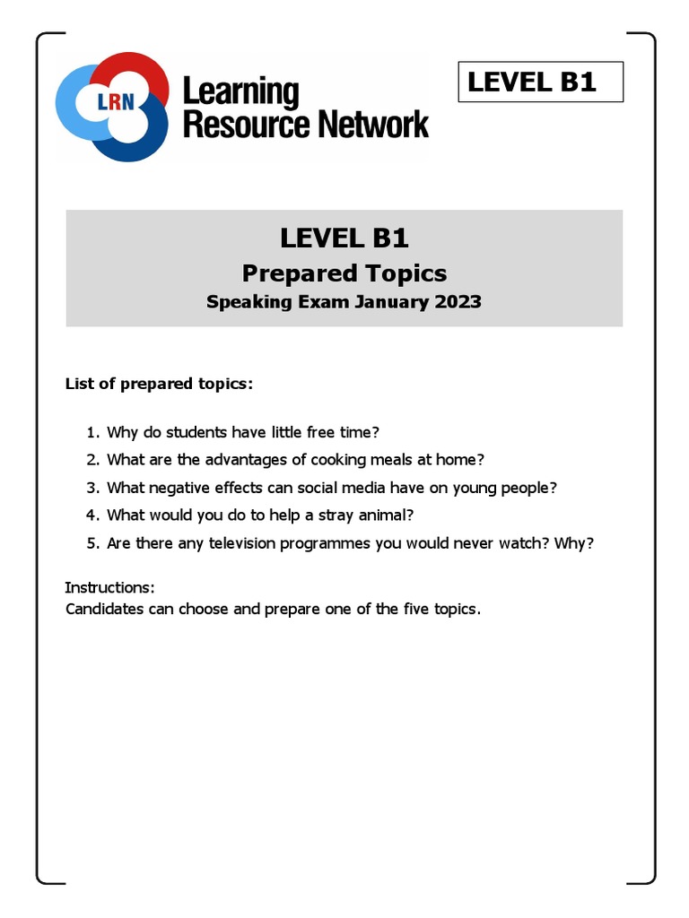 Prepared Speaking Exam Topics for Multiple English Proficiency Levels ...