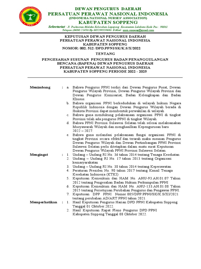 SK Pengurus Bapena DPD Ppni Kab - Soppeng | PDF