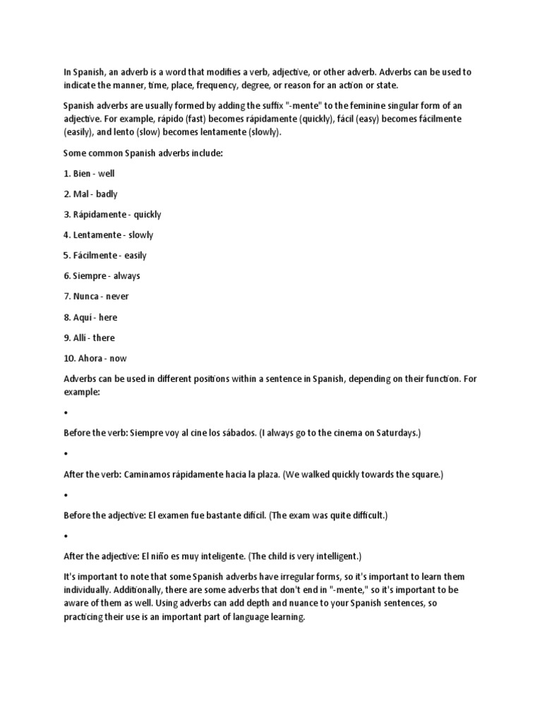 Introduction To Spanish Adverbs | PDF