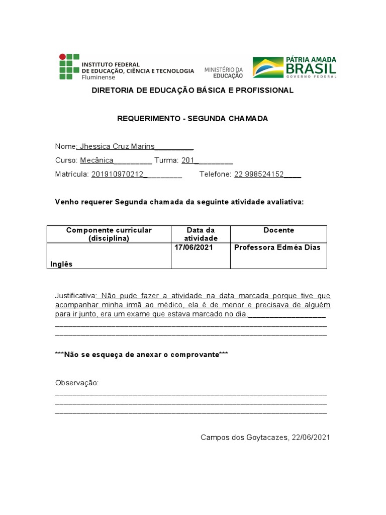 Requerimento de Segunda Chamada | PDF