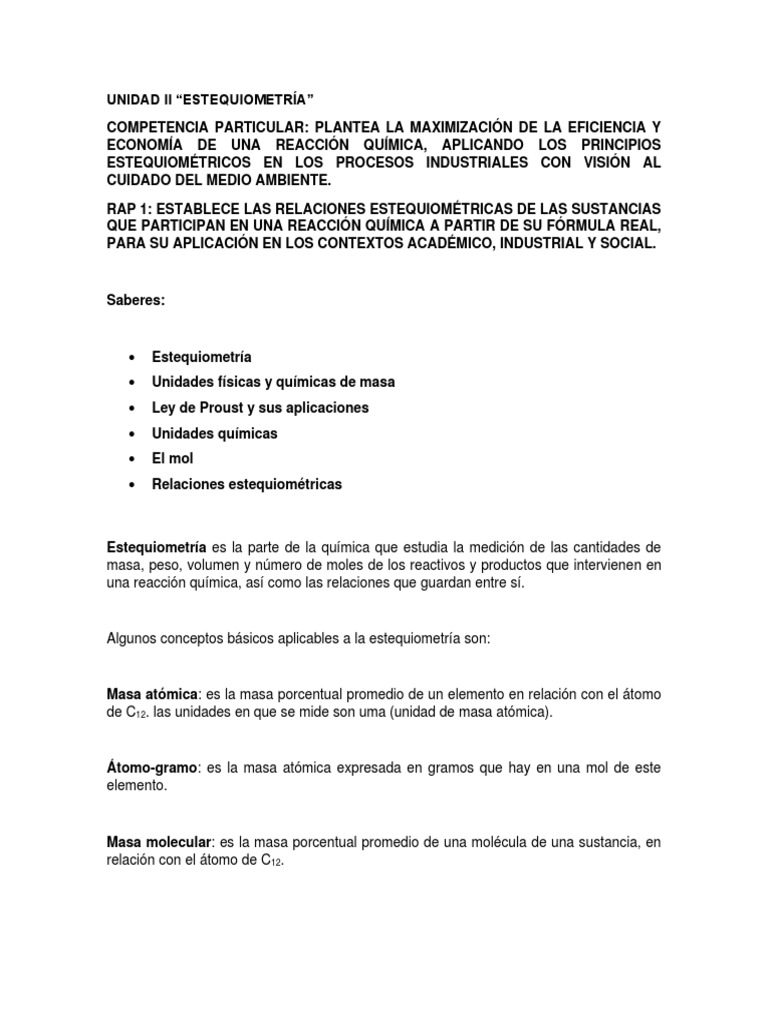 Apuntes Q II Un 2 RAP 1 Unidades Quimicas y Ley de Proust | PDF