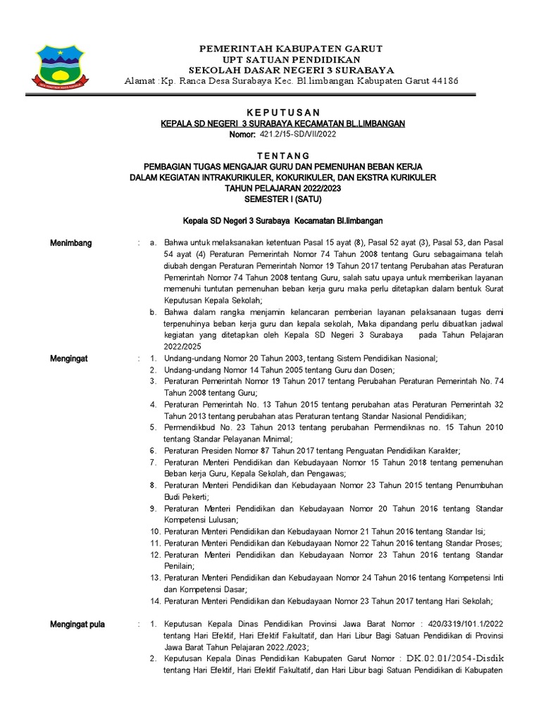 SK Pembagian Tugas Mengajar Semester 1 | PDF