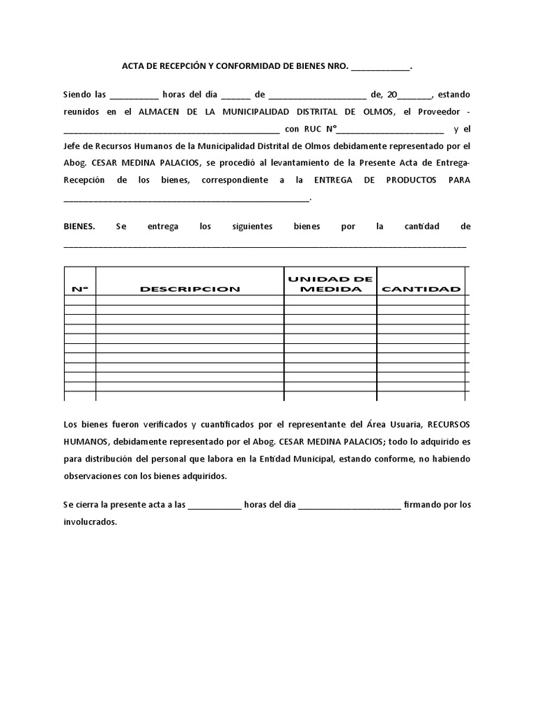Acta De Recepcion De Maquinaria