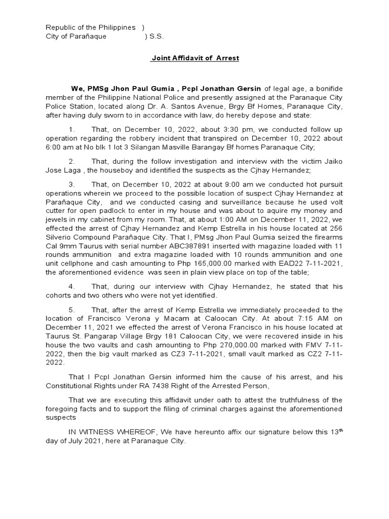 AFFIDAVITSWORN-ROBBERY-GUMIA | PDF