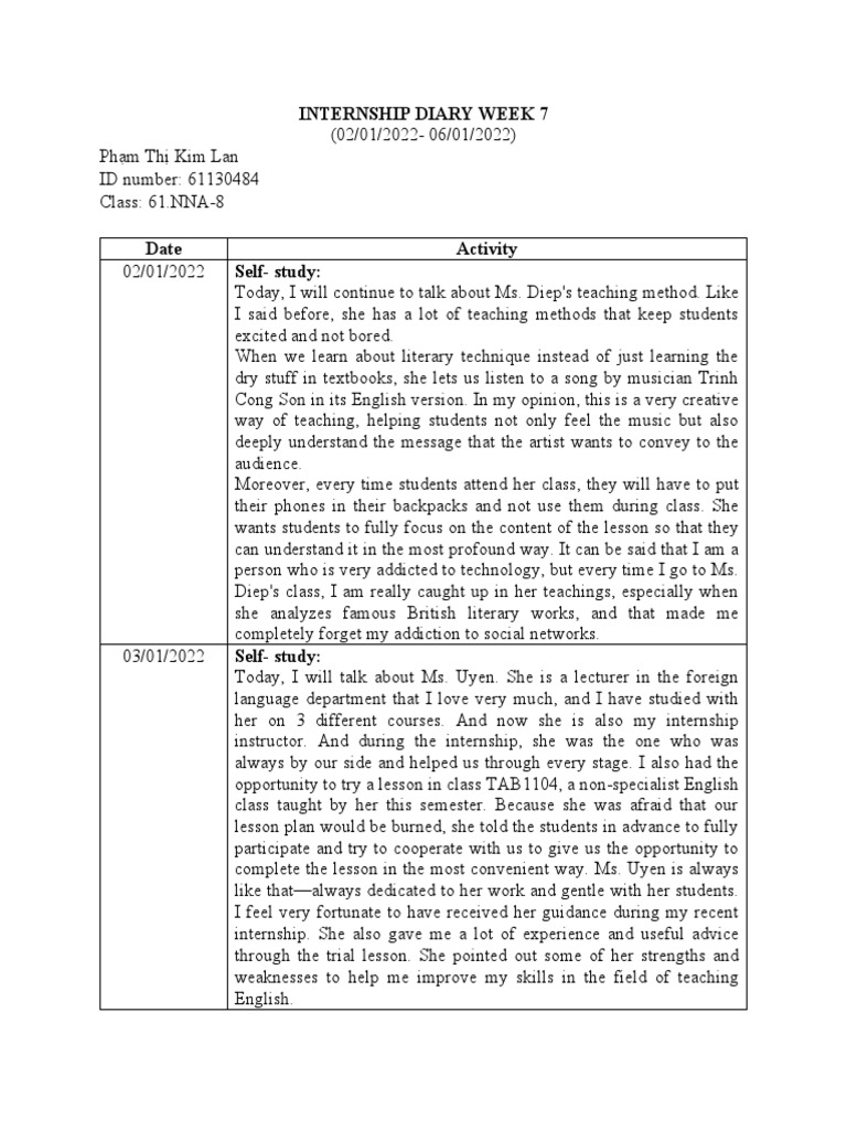 Internship Diary Week 7 | PDF | Teaching | Education Theory