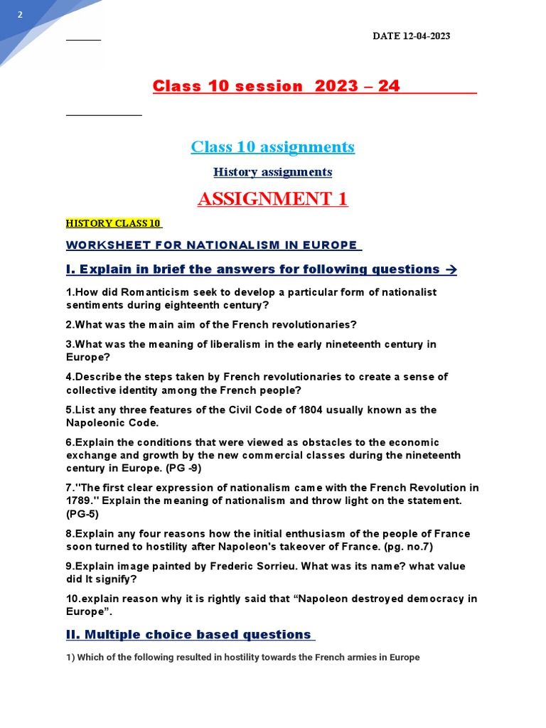 Assignment 1: Class 10 Assignments | PDF | Nationalism | French Revolution