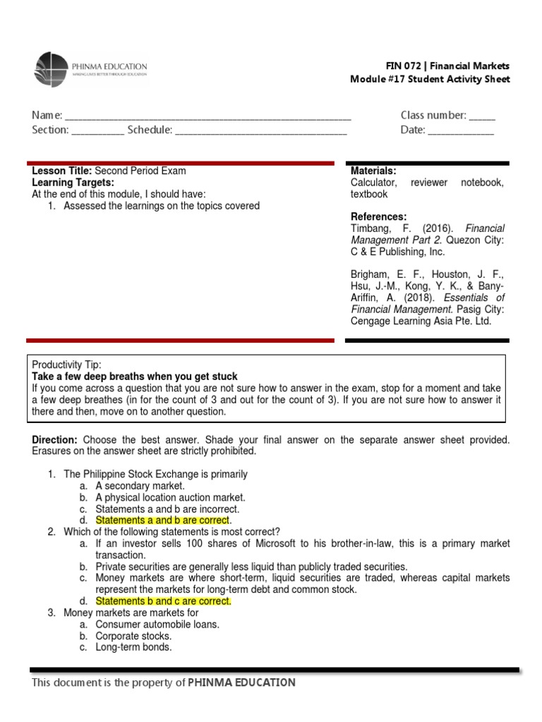 FIN 072 - SAS - Day 17 - IN - Second Period Exam | Download Free PDF | Bonds (Finance) | Yield ...