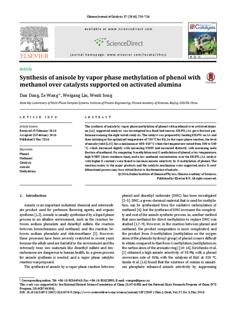 Synthesis of Anisole by Vapor Phase Methylation of Phenol With Methanol ...