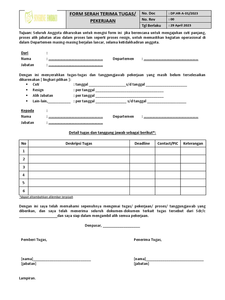 Form Serah Terima Tugas/ Pekerjaan: No. Doc No. Rev TGL Berlaku | PDF ...