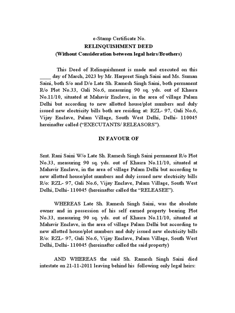 Relinquishment Deed (Without Consideration Between Legal Heirs/brothers ...