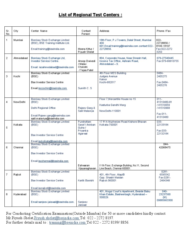 BSE Regional Test Centers List | PDF | Stock Exchange | Private Sector